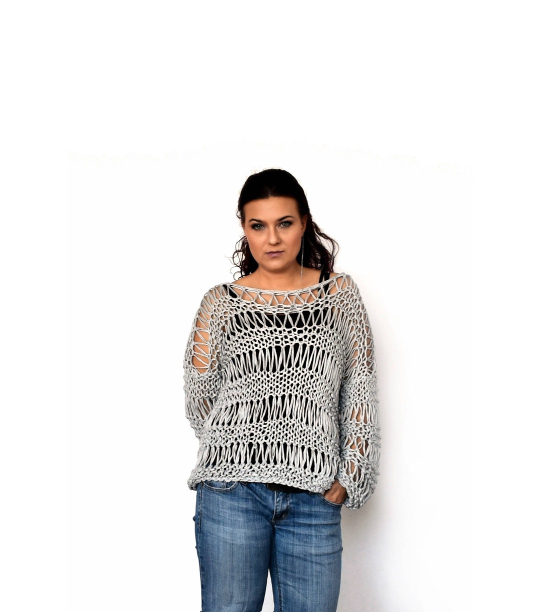 Loose Knit Sweater Knit Lace Summer Top Gray Cotton Summer Sweater ...