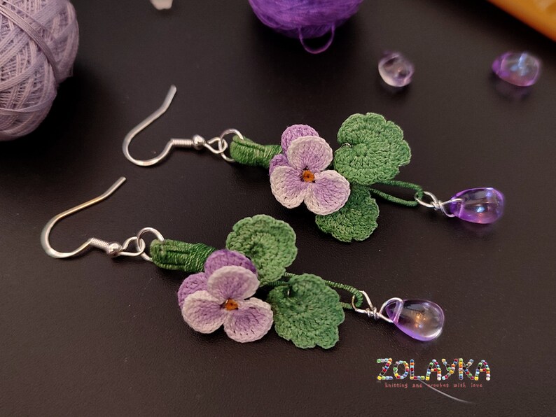Pansy Flower Micro Crochet Dangle Earrings, Purple Floral Jewelry, 925 ...