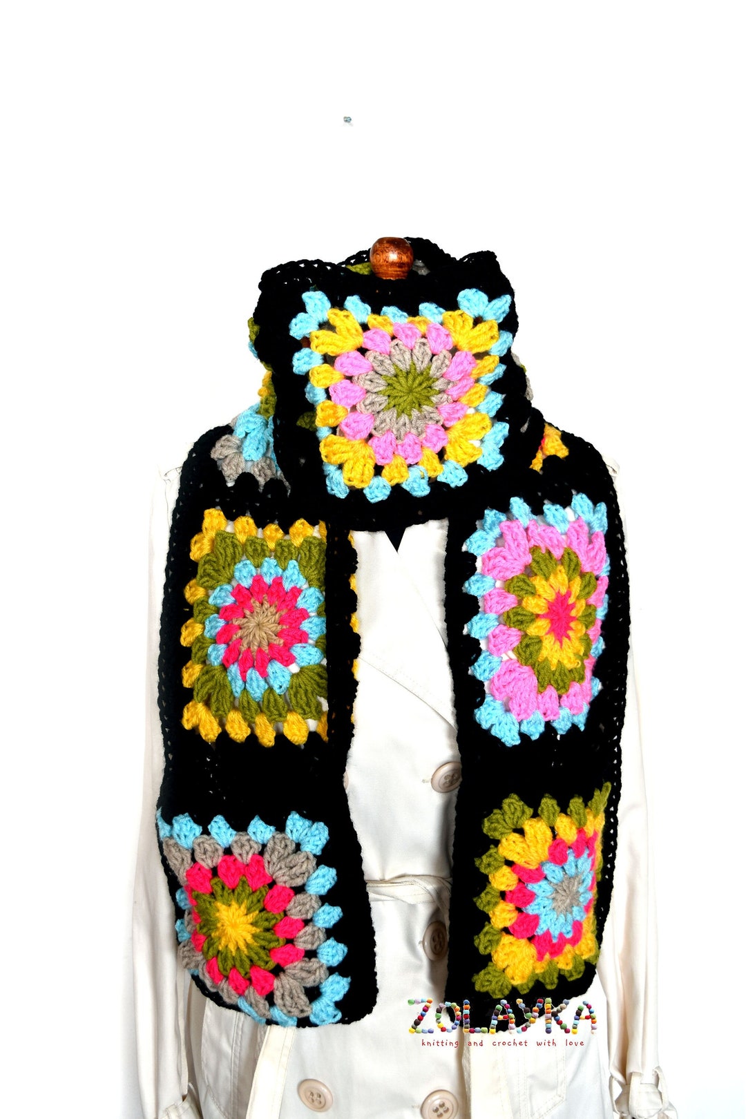 Crochet Granny Square Pocket Scarf – Handmade Boho Wool Blend - Etsy
