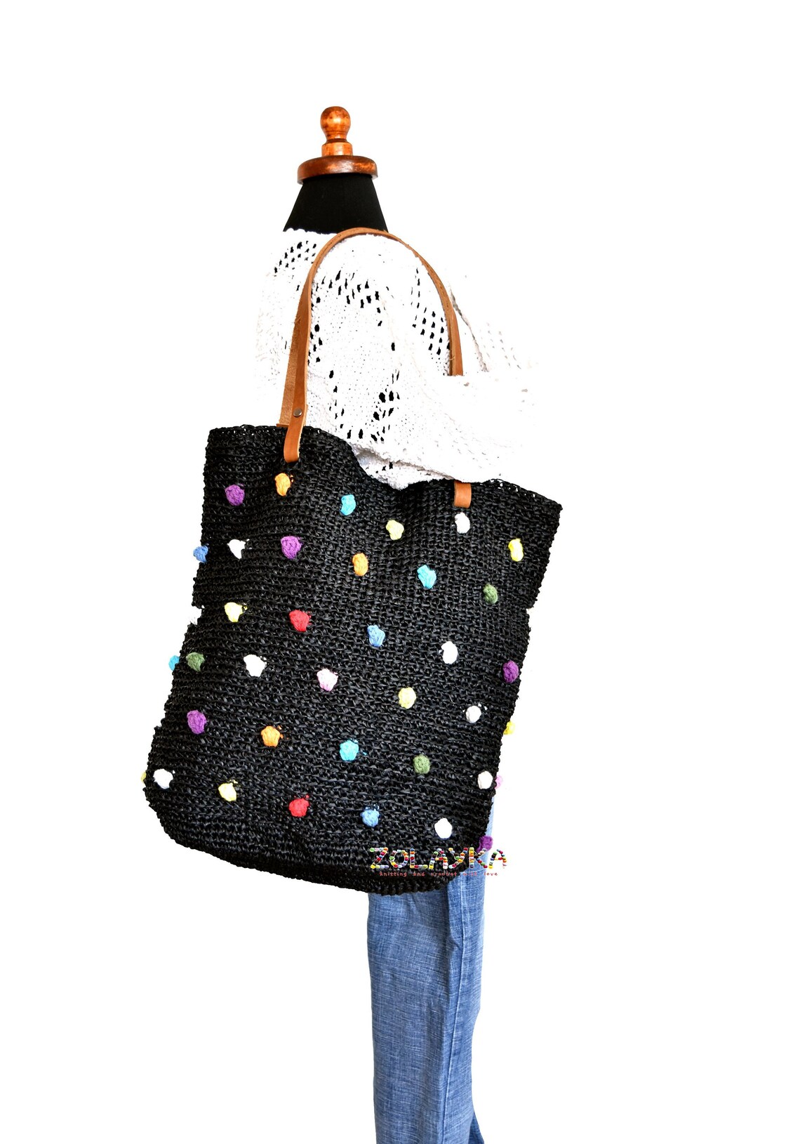 Black Raffia Tote Bag Straw Beach Bag Colorful Dots Woven - Etsy