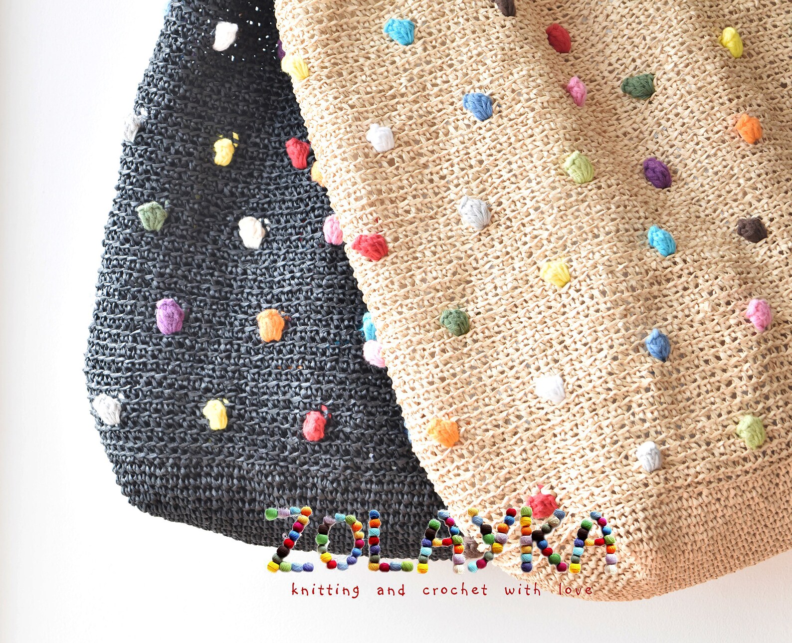 Black Raffia Tote Bag Straw Beach Bag Colorful Dots Woven - Etsy