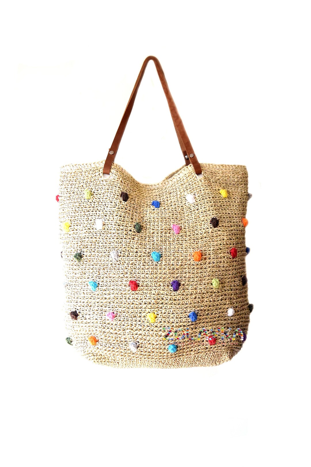 Straw Beach Bag Large Raffia Beach Tote Dotted Beach Bag Crochet Raffia ...