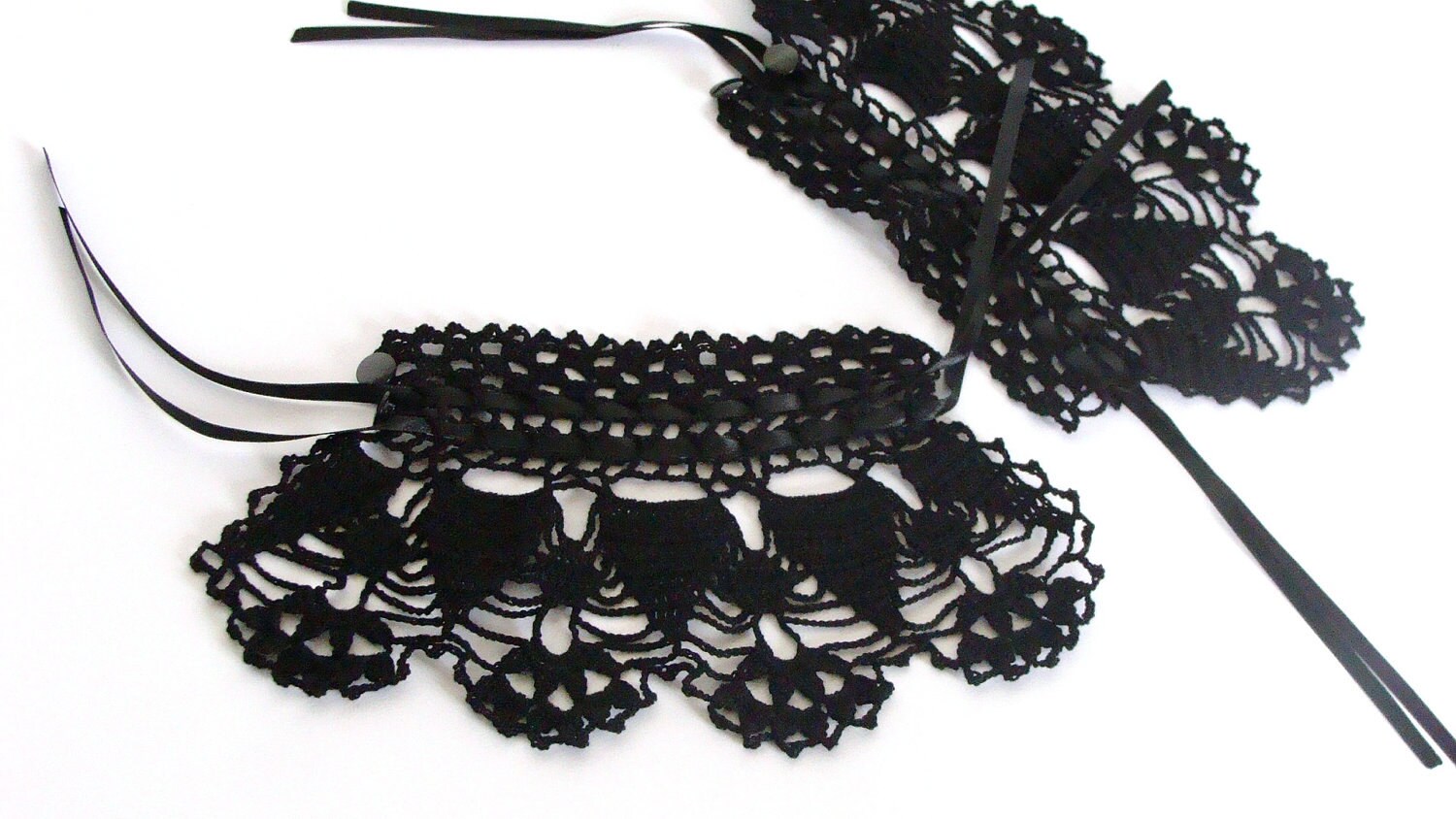 Black lace wrist cuffs with satin ribbon victorian lace | Etsy