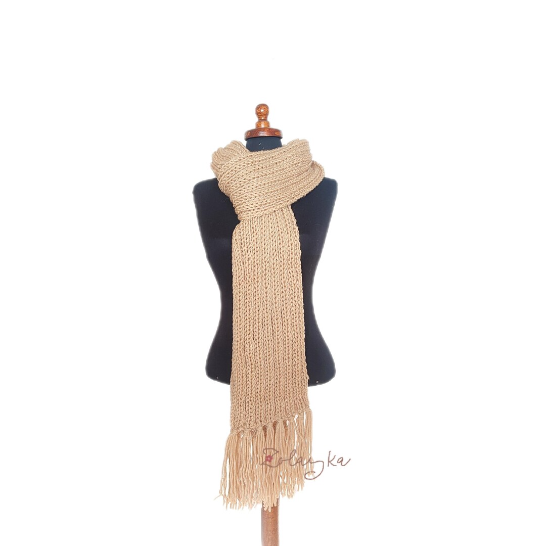 Extra Long Beige Scarf, Hand Knitted Wool Winter Scarf With Fringes - Etsy
