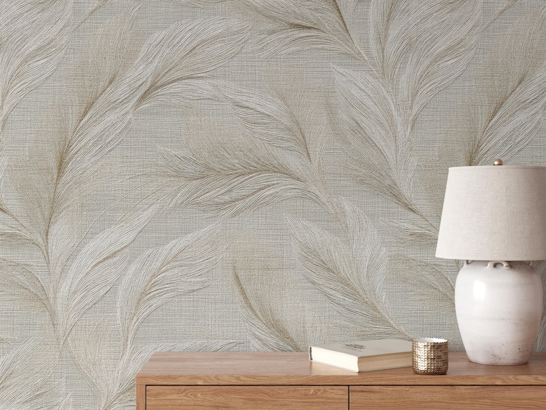 Boho Beige Floral Nature Linen Texture Wallpaper, Peel Stick Wallmural ...
