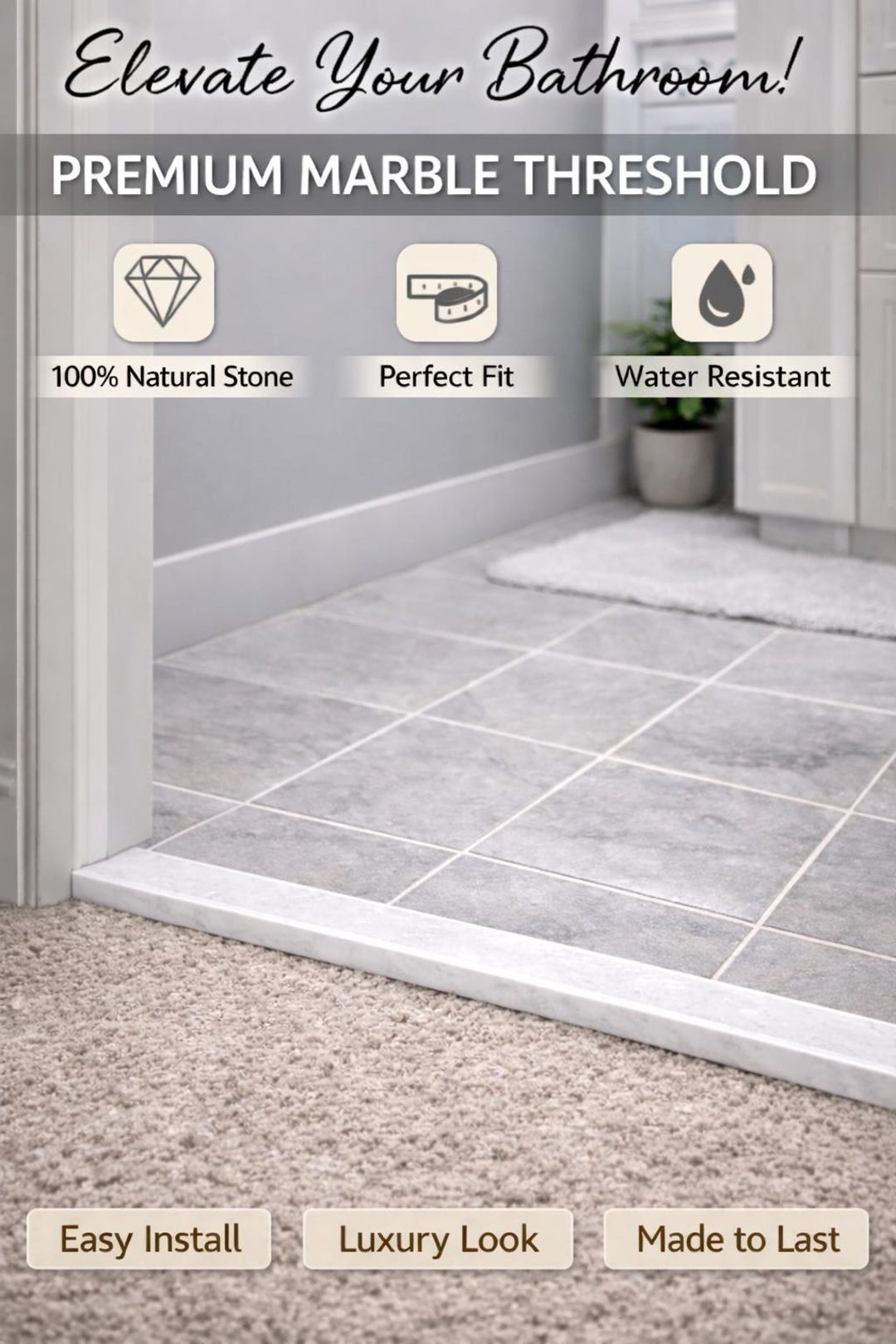 White & Gray Marble Door Threshold – Double Beveled, 36” X 4” - Etsy