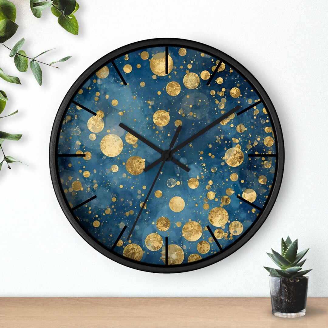 Gold Bubbles Blue Abstract Wall Clock | Modern Metallic Dot Design - Etsy