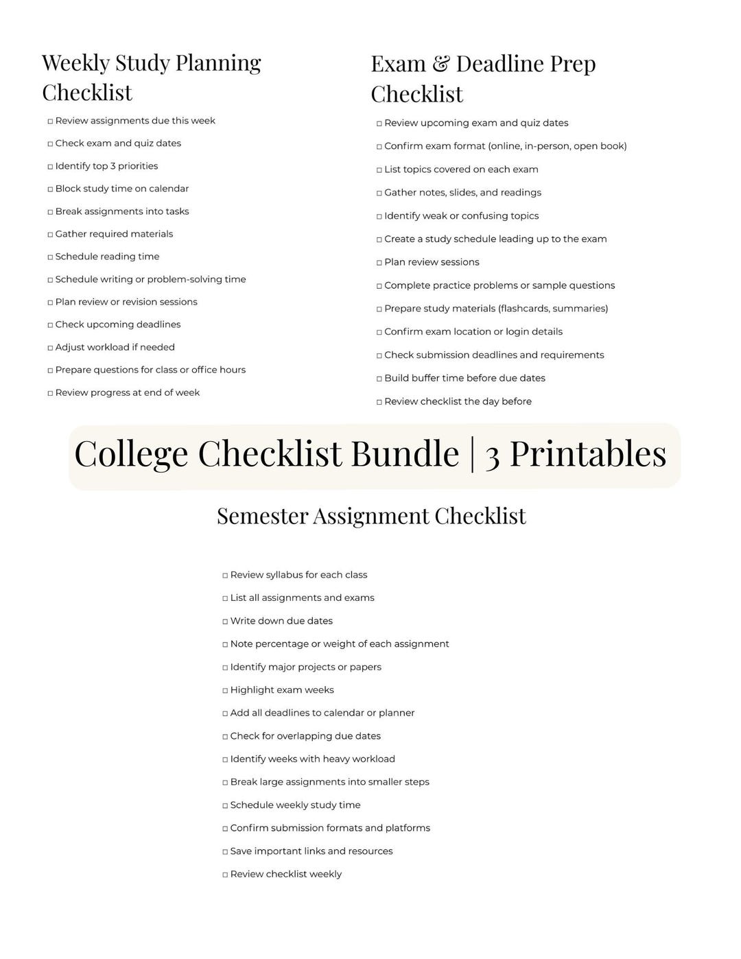 College Student Checklist Bundle Printable | Study & Exam Planning ...