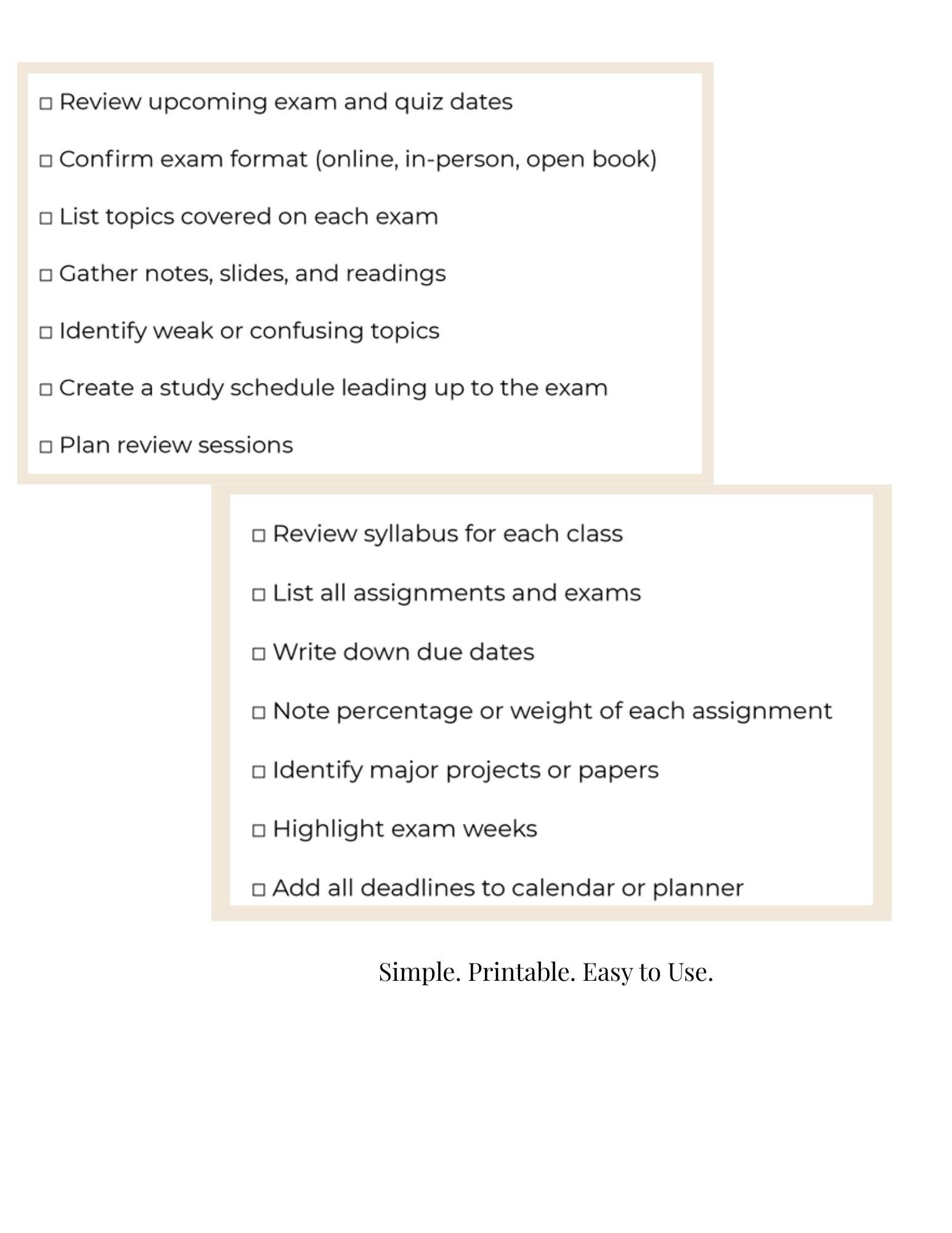 College Student Checklist Bundle Printable | Study & Exam Planning ...