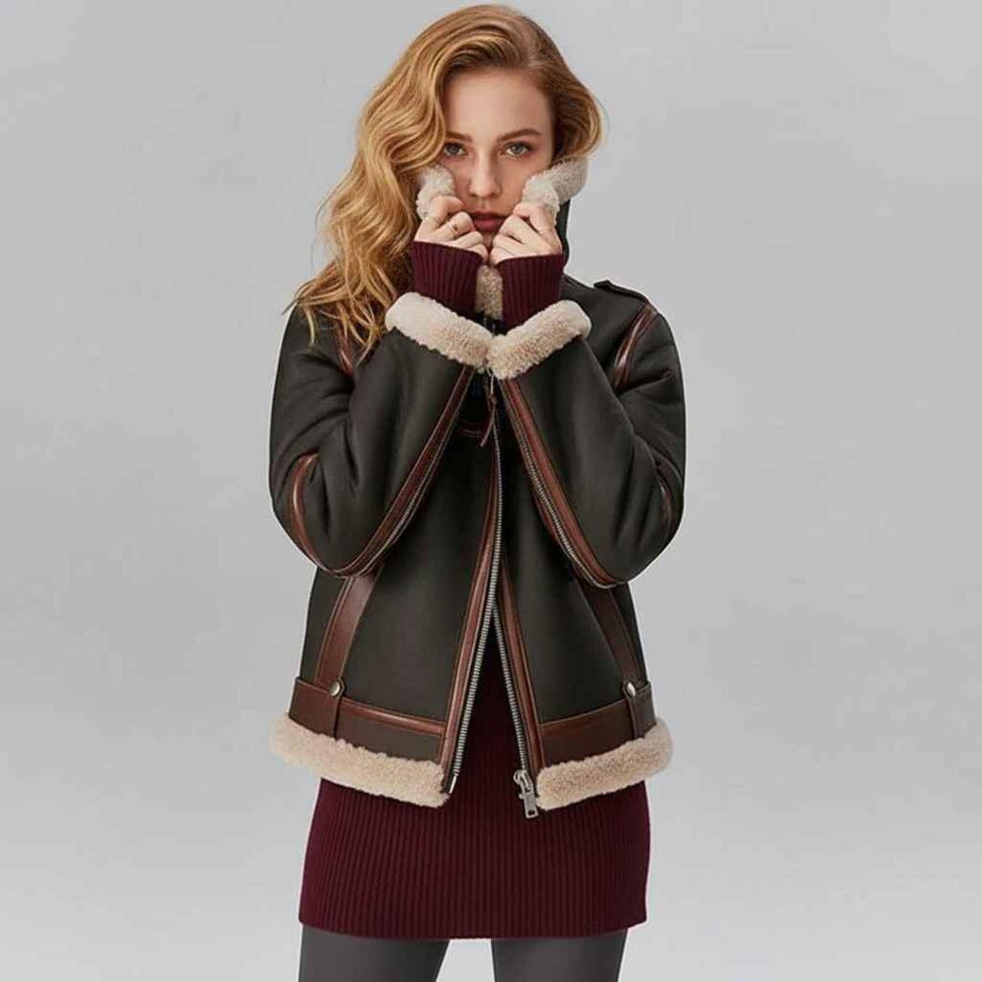 Women's Green Shearling Faux-fur Sheep-real Leather Jacket, Ladies Soft ...