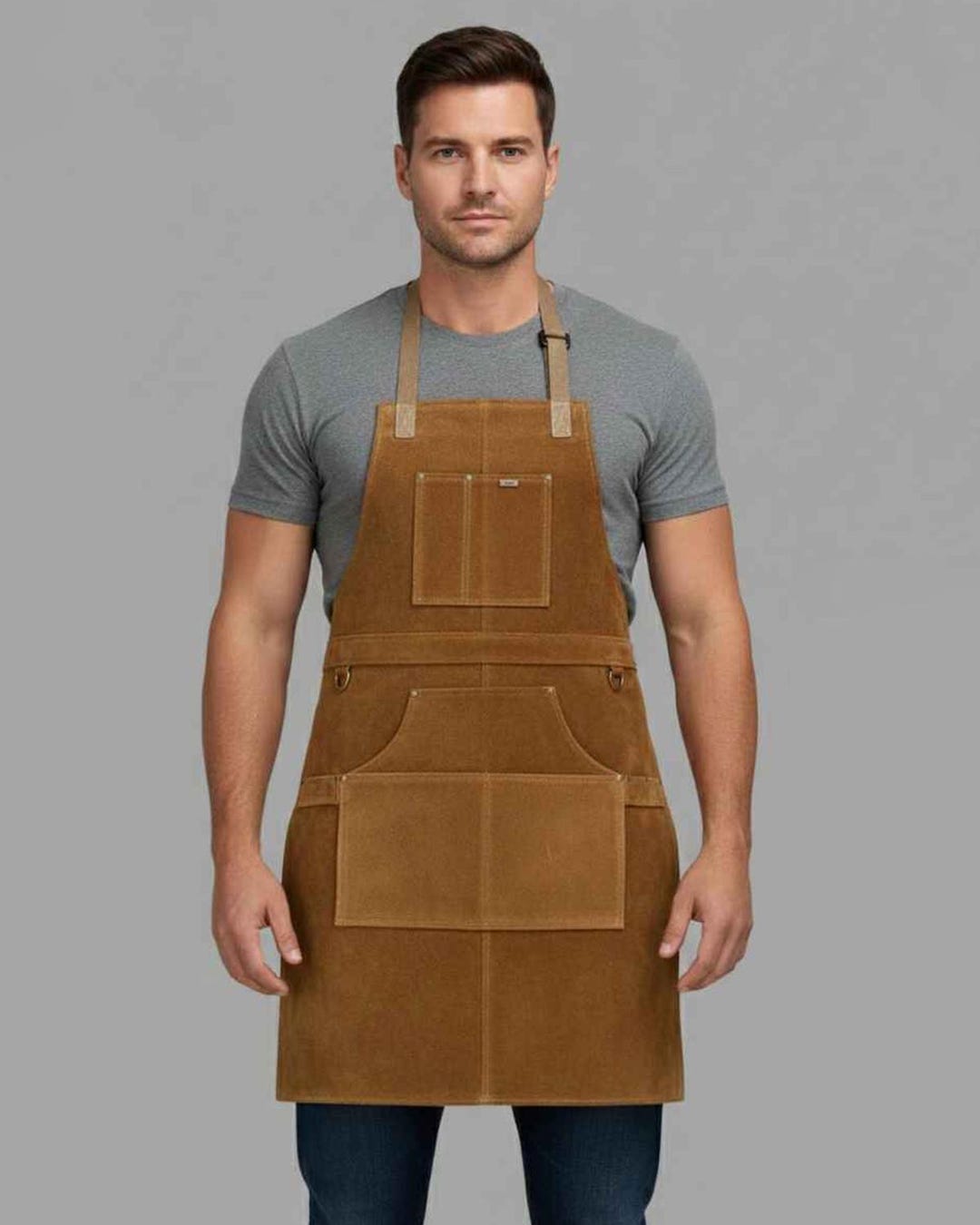 Personalized Brown Leather Apron, Blacksmith Tool Pockets-apron, Barber ...