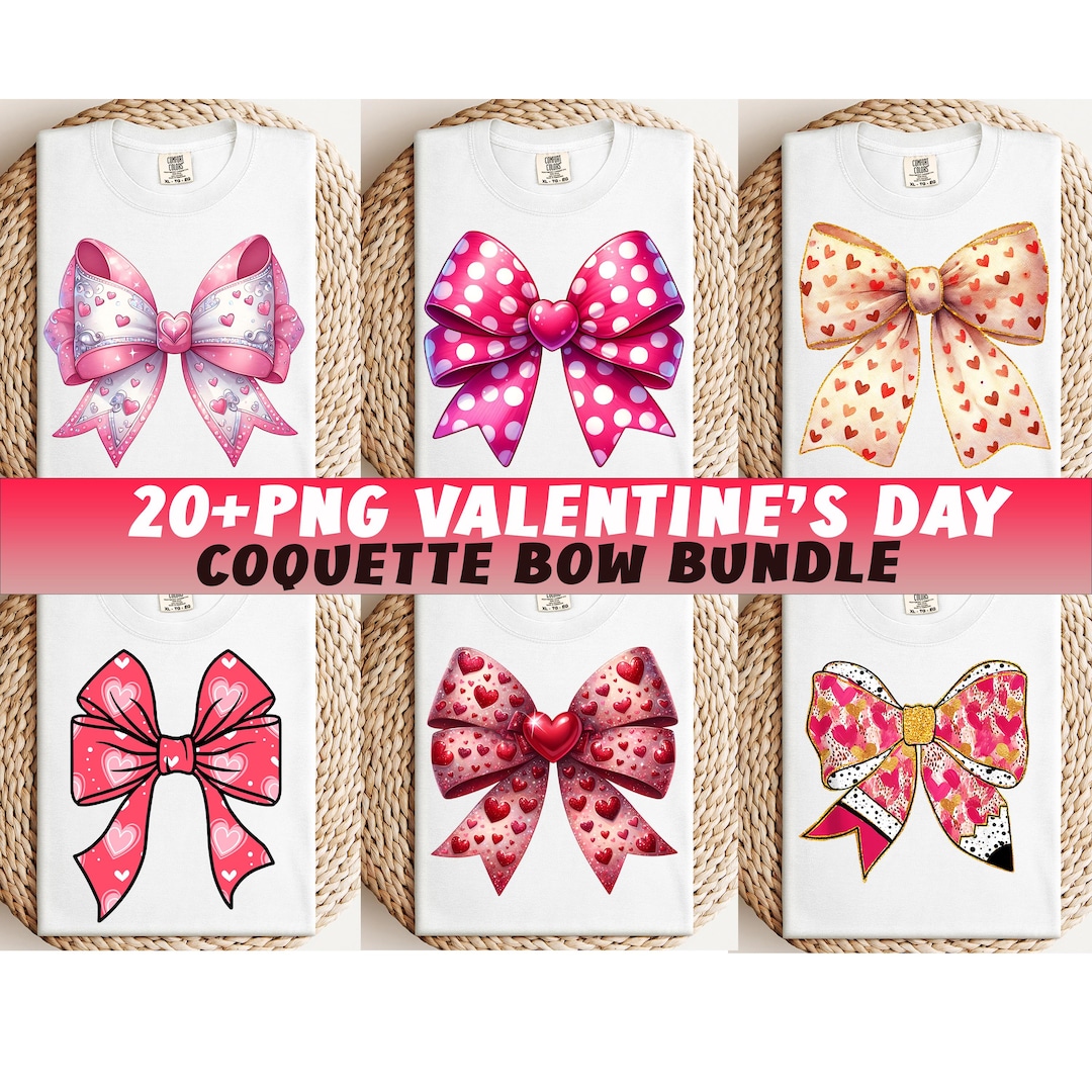 Coquette Bow Heart Bundle PNG; Valentines Day Red Pink Bows Design ...