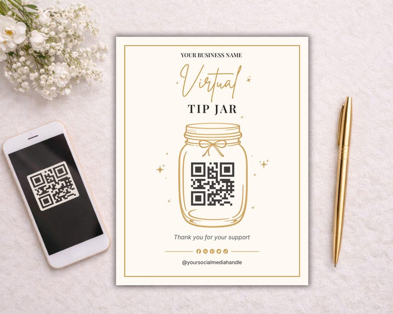 Editable Virtual Tip Jar Sign, QR Code Payment Template (digital ...