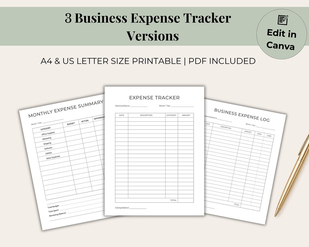 Small Business Expense Tracker Printable, 3 Versions, Bookkeeping ...
