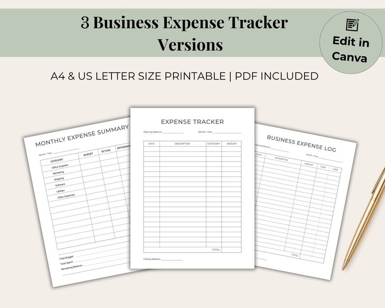 Small Business Expense Tracker Printable, 3 Versions, Bookkeeping ...