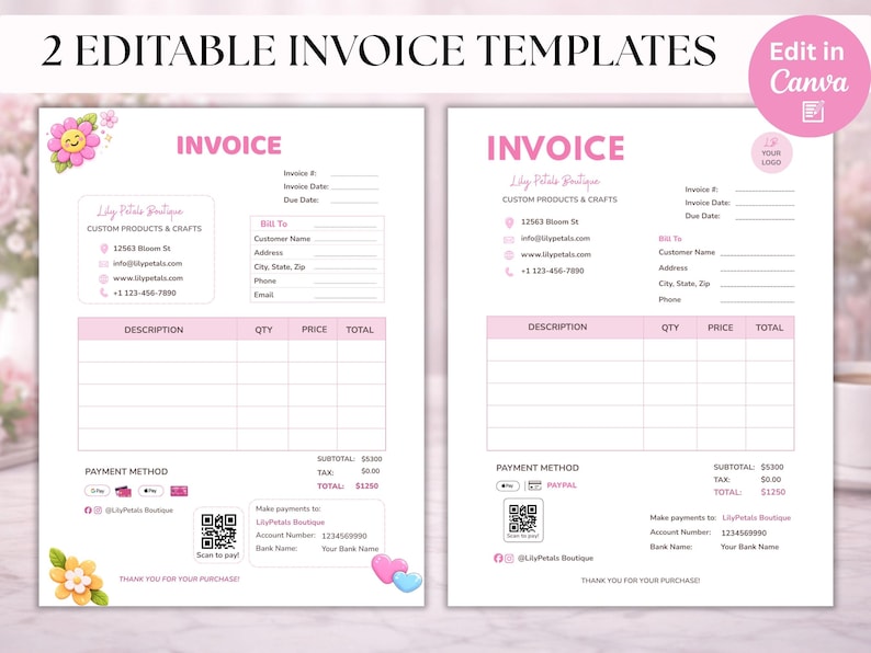 Editable Pink Floral Invoice Template, Small Business Billing Form ...