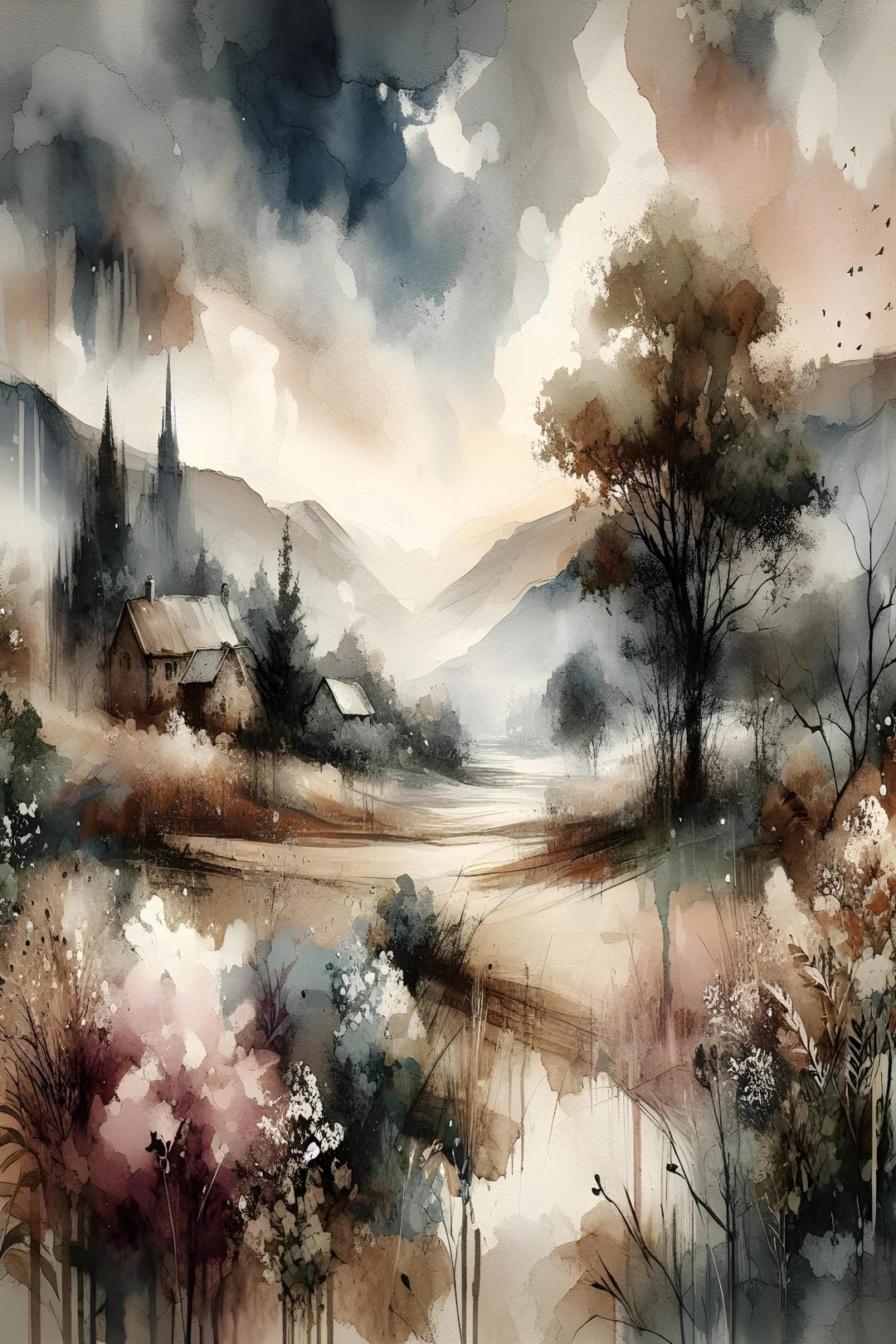 Rustic Watercolor Landscape Print | Cozy Cabin Mountain Wall Art ...