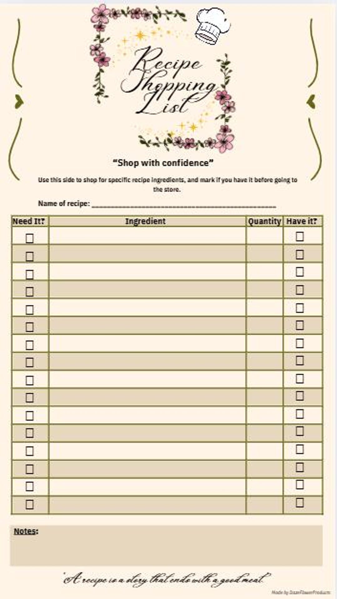 Printable Recipe Shopping List - Etsy UK