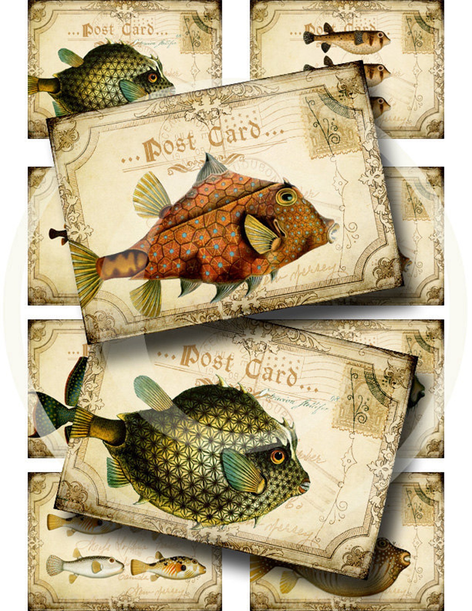 Silly Fish Postcard Atc's Digital Collage Sheet - Etsy