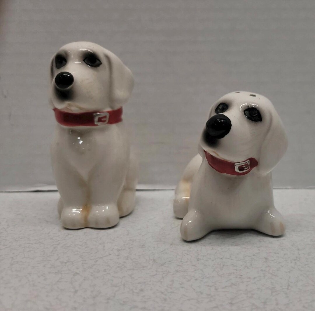 Vintage Ceramic White Dogs Salt and Pepper Shakers Red Collar 2" Tall ...