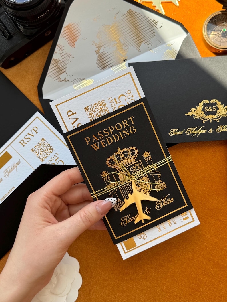 Black Gold Wedding Passport Invitation Suite, Travel Theme Destination ...
