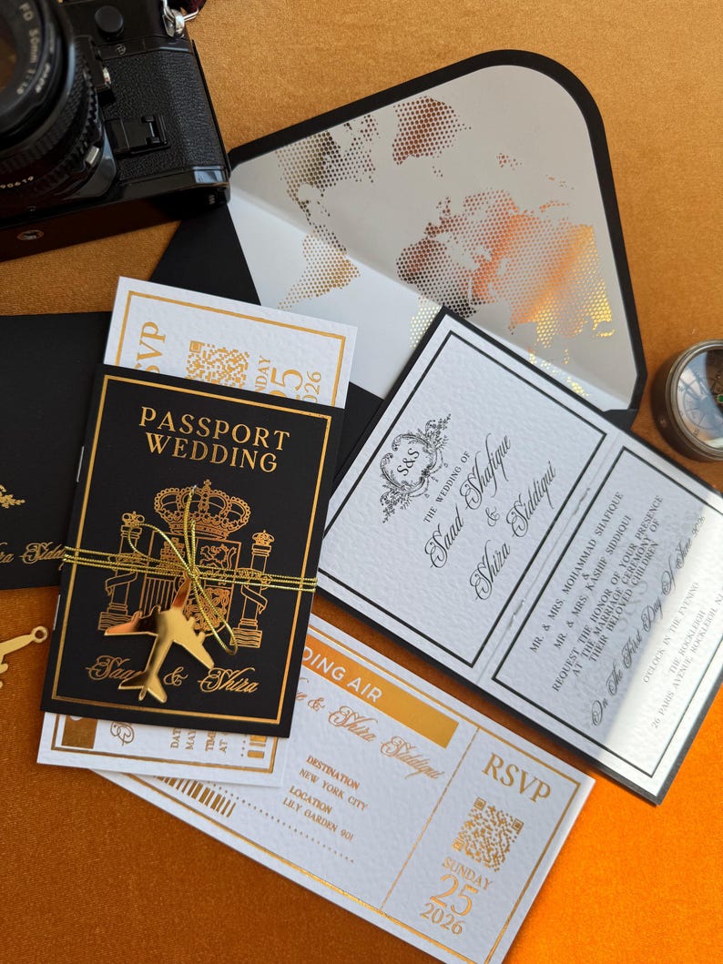 Black Gold Wedding Passport Invitation Suite, Travel Theme Destination ...