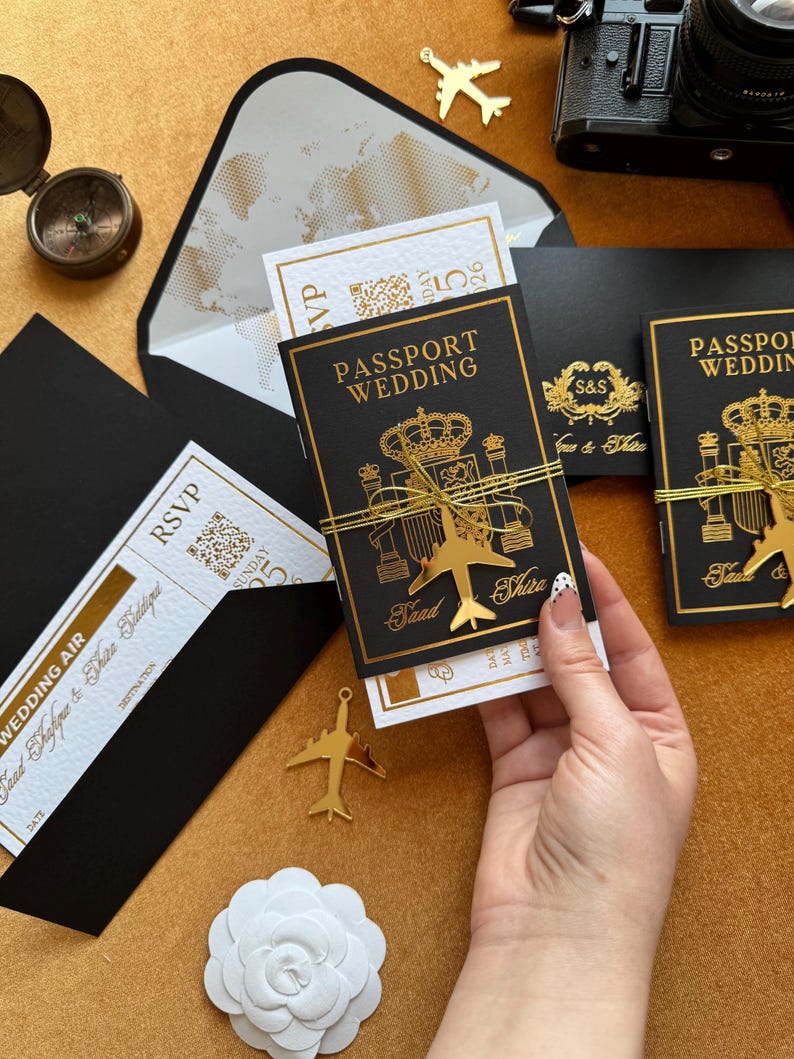 Black Gold Wedding Passport Invitation Suite, Travel Theme Destination ...