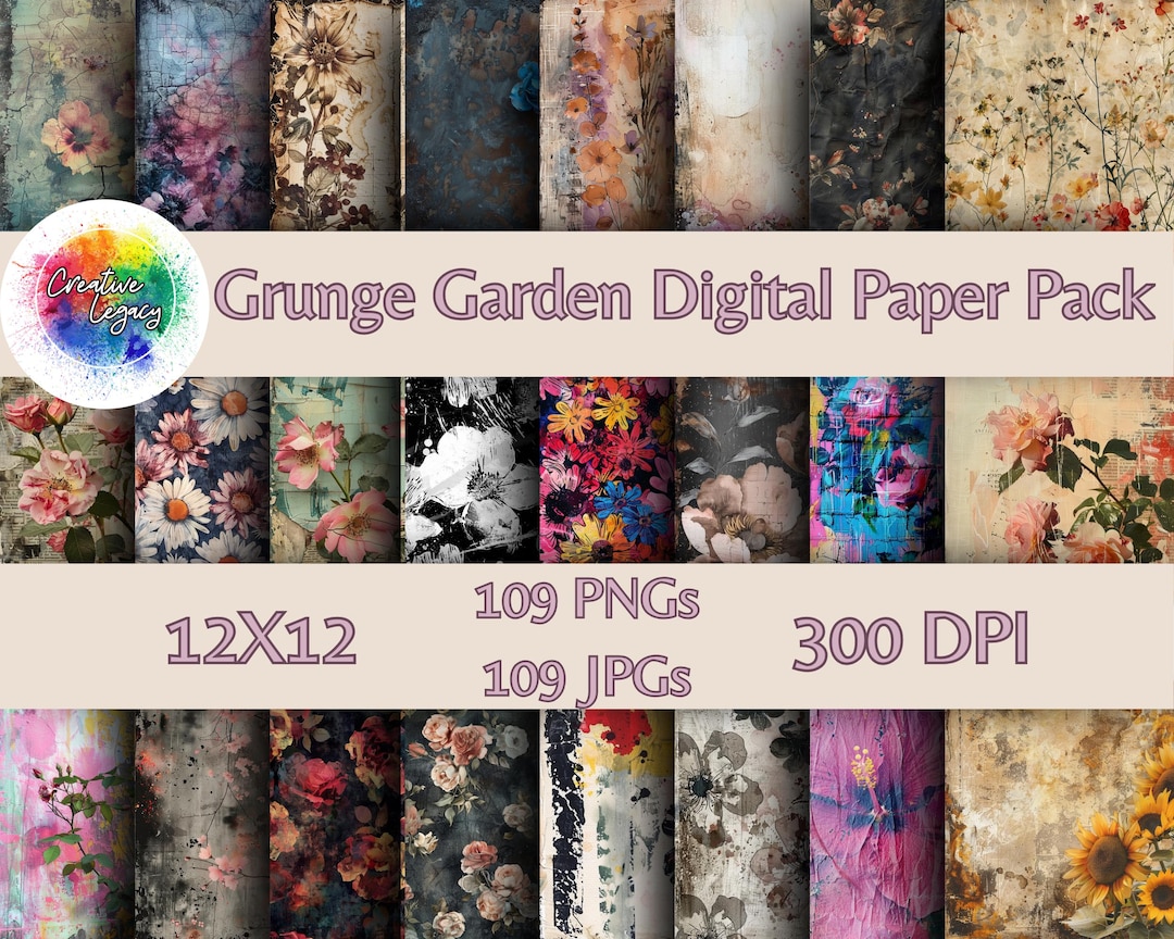 Grunge Floral Digital Paper Pack – 12x12 Scrapbook Backgrounds (digital ...