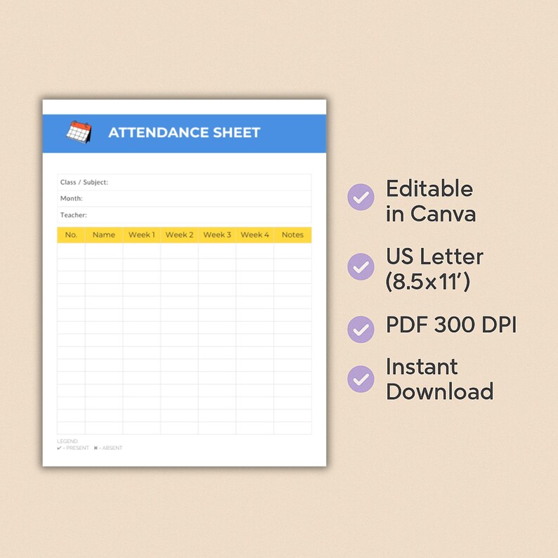 Editable Attendance Sheet Template | Canva Template | Teacher Printable ...