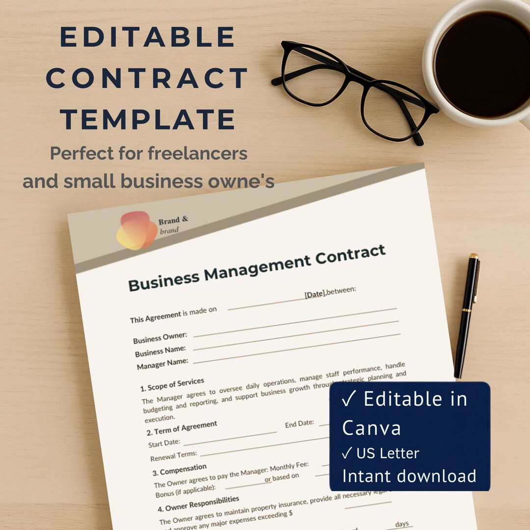 Editable Business Contract Template | Canva Management Agreement ...