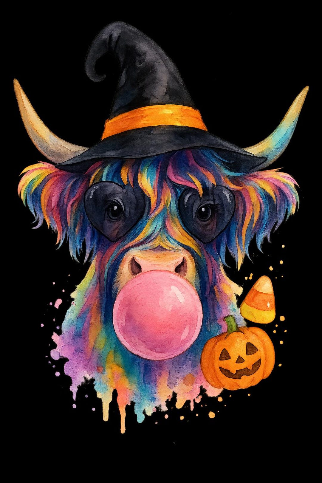 Witch Highland Cow With Halloween Bubblegum, Pumpkin, and Candy Corn ...