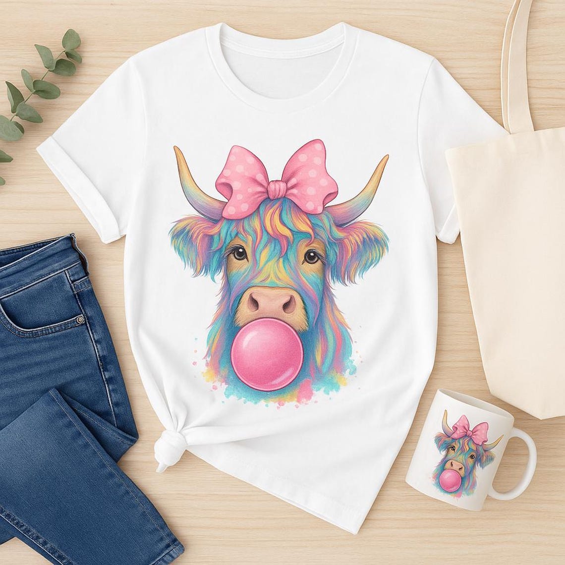 Pastel Highland Cow Print: Bubble Gum and Bow (digital Download) - Etsy