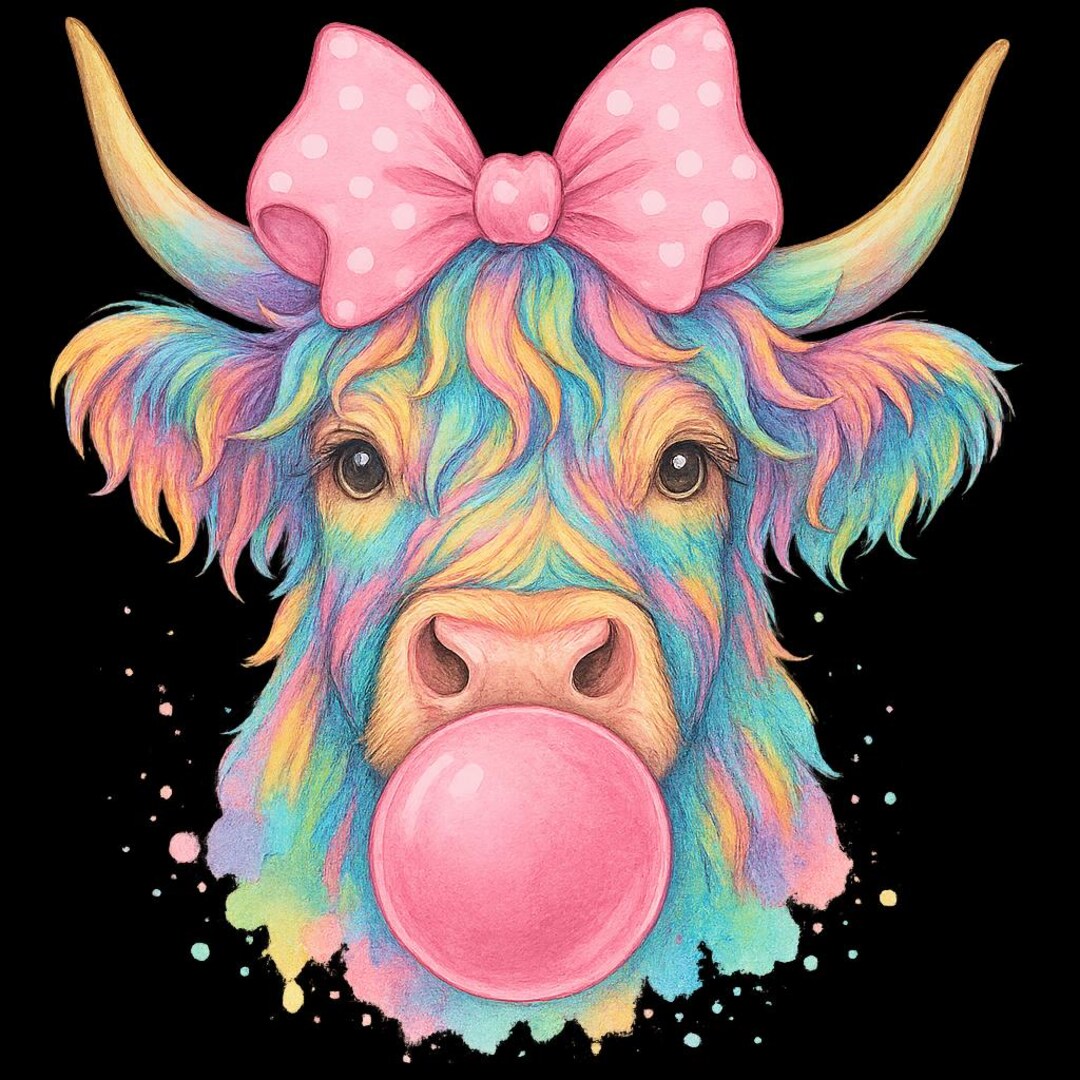 Pastel Highland Cow Print: Bubble Gum and Bow (digital Download) - Etsy