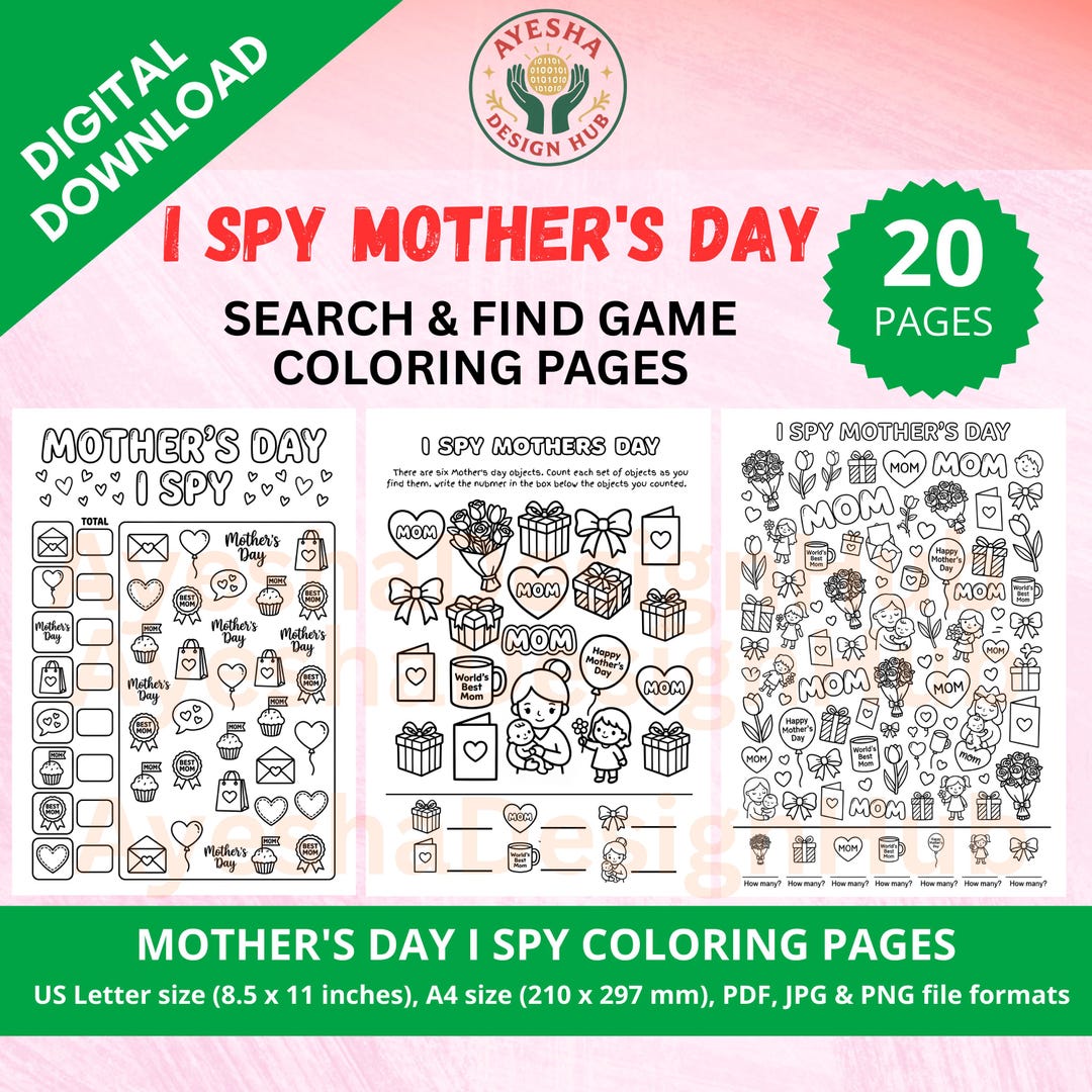 Mother's Day I Spy Coloring Pages, Kids Activity Bundle, Search Find ...