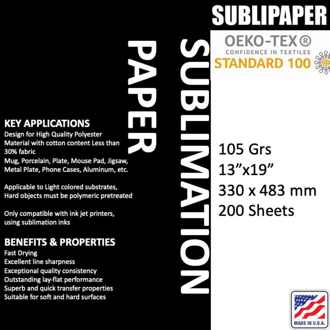 SUBLIPAPER 200 Sh 13”x19” Dye Sublimation Heat Transfer Paper Mug, Poly ...