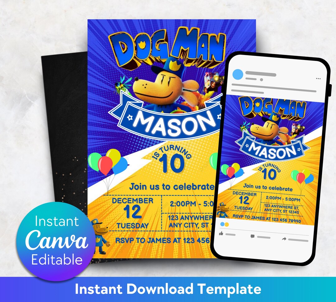 Editable Dog Man Birthday Invitation, Dog Man Invitation, Editable Kids ...
