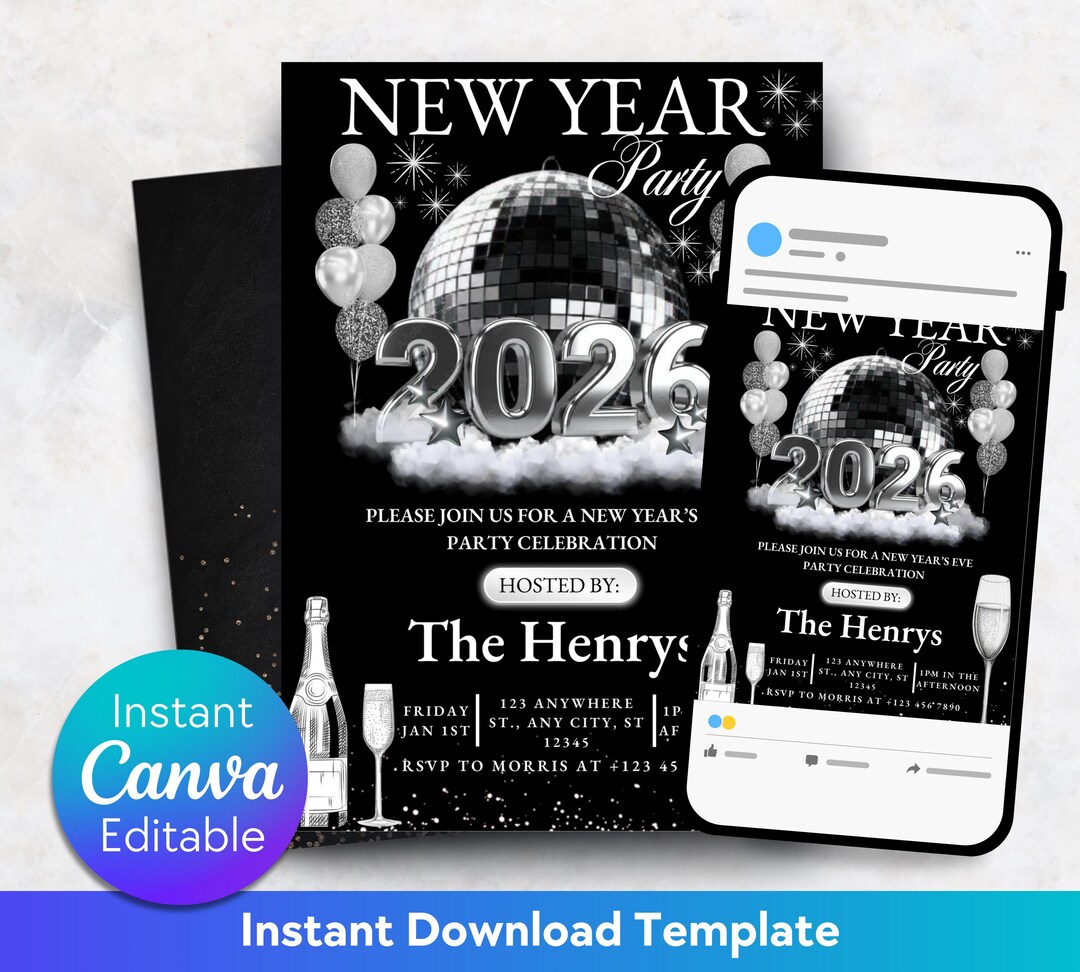 New Year's Party Invitation, Silver Disco Ball Invite, Editable NYE ...