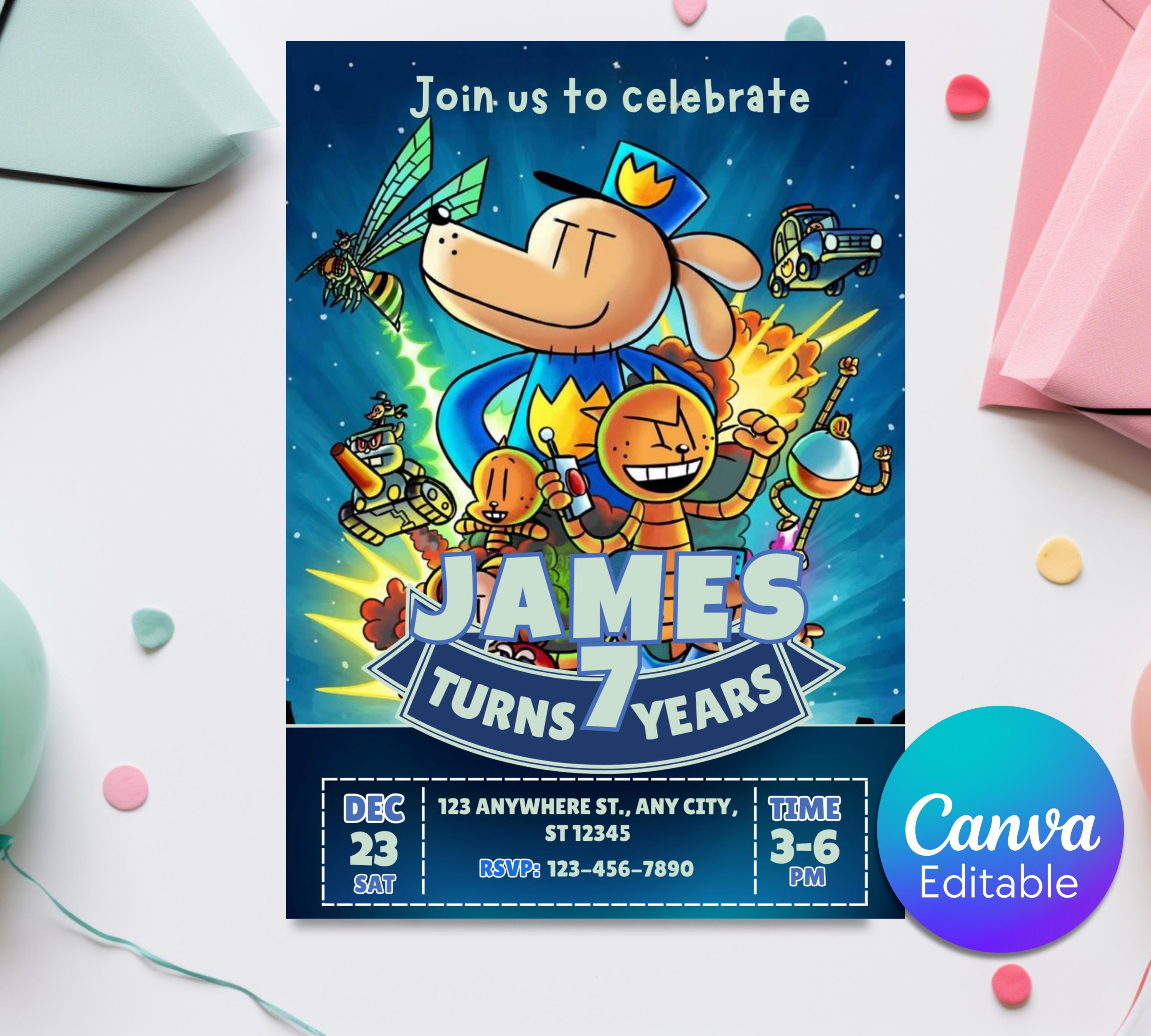 Editable Kids Birthday Invitation, Editable Dog Man Birthday Invitation ...