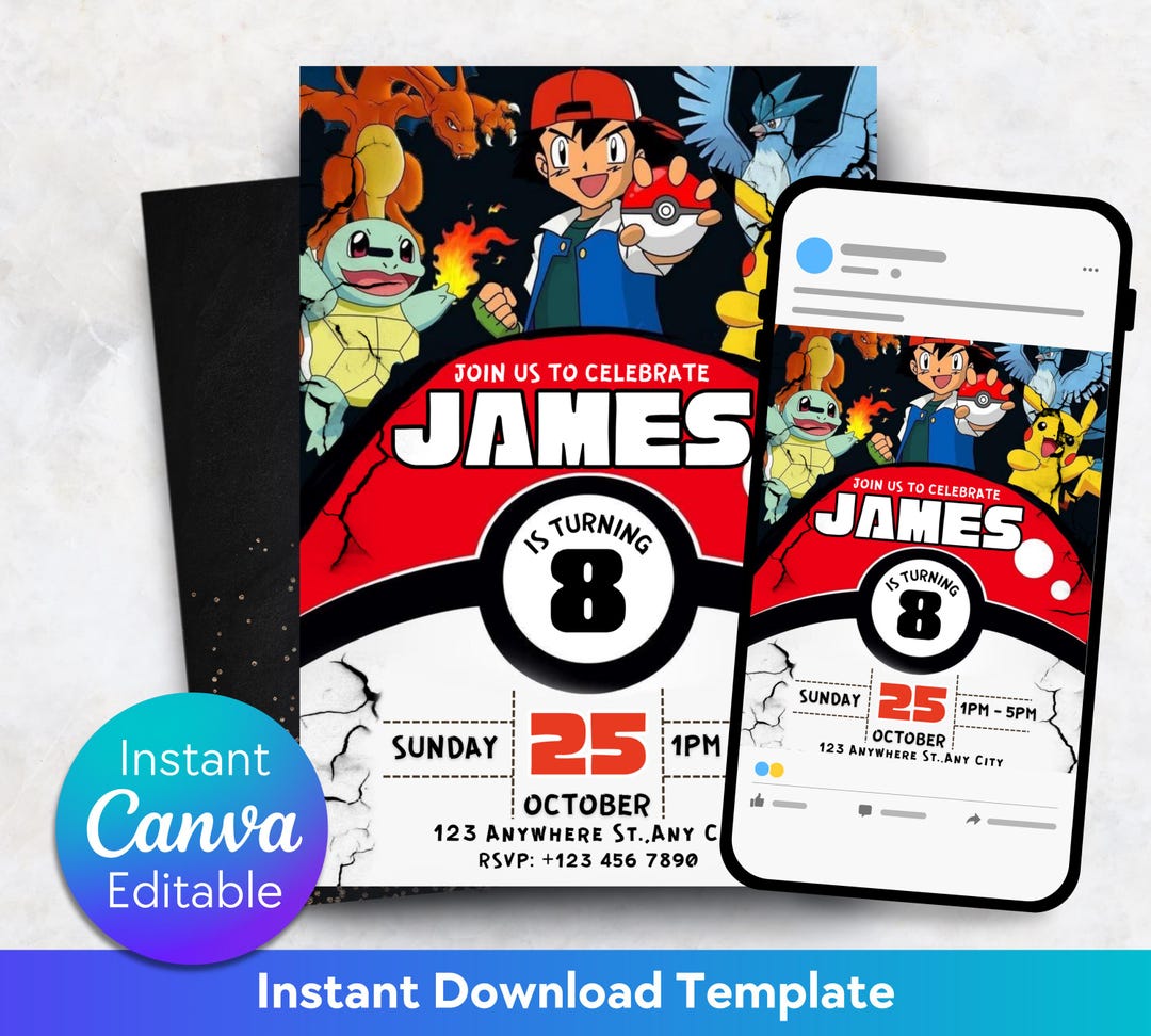 Printable Birthday Pokemon Invitation, Pikachu B-day Invite, Anime ...