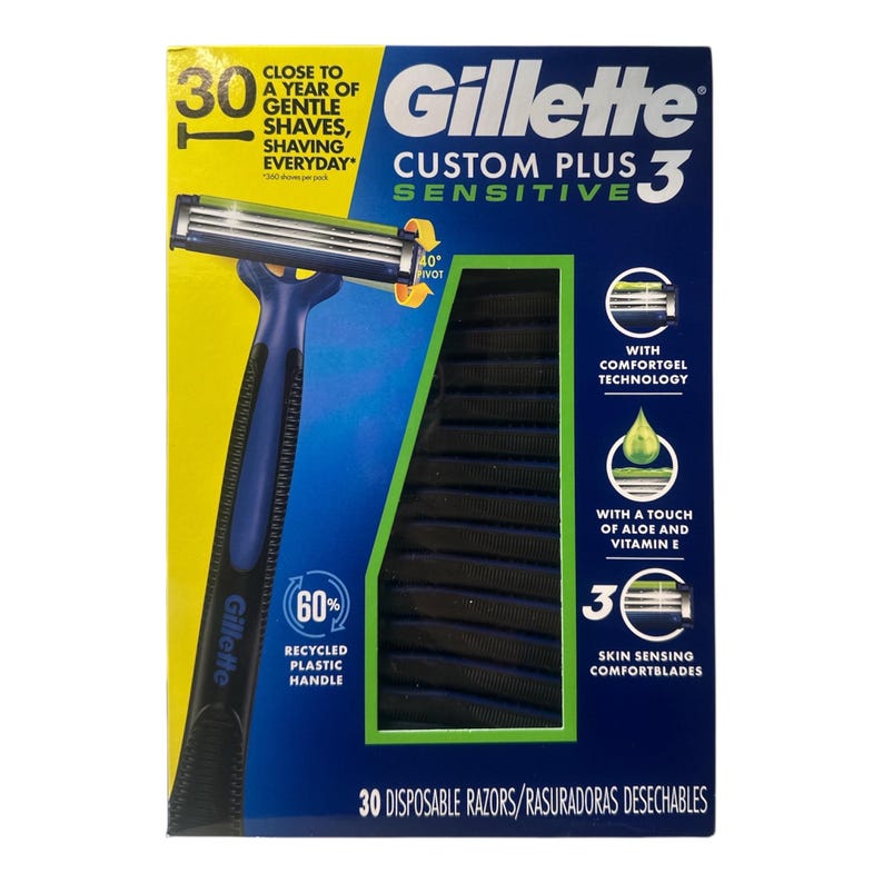 Gillette Custom Plus3 Sensitive Disposable Razors 30 Ct With Enhanced ...