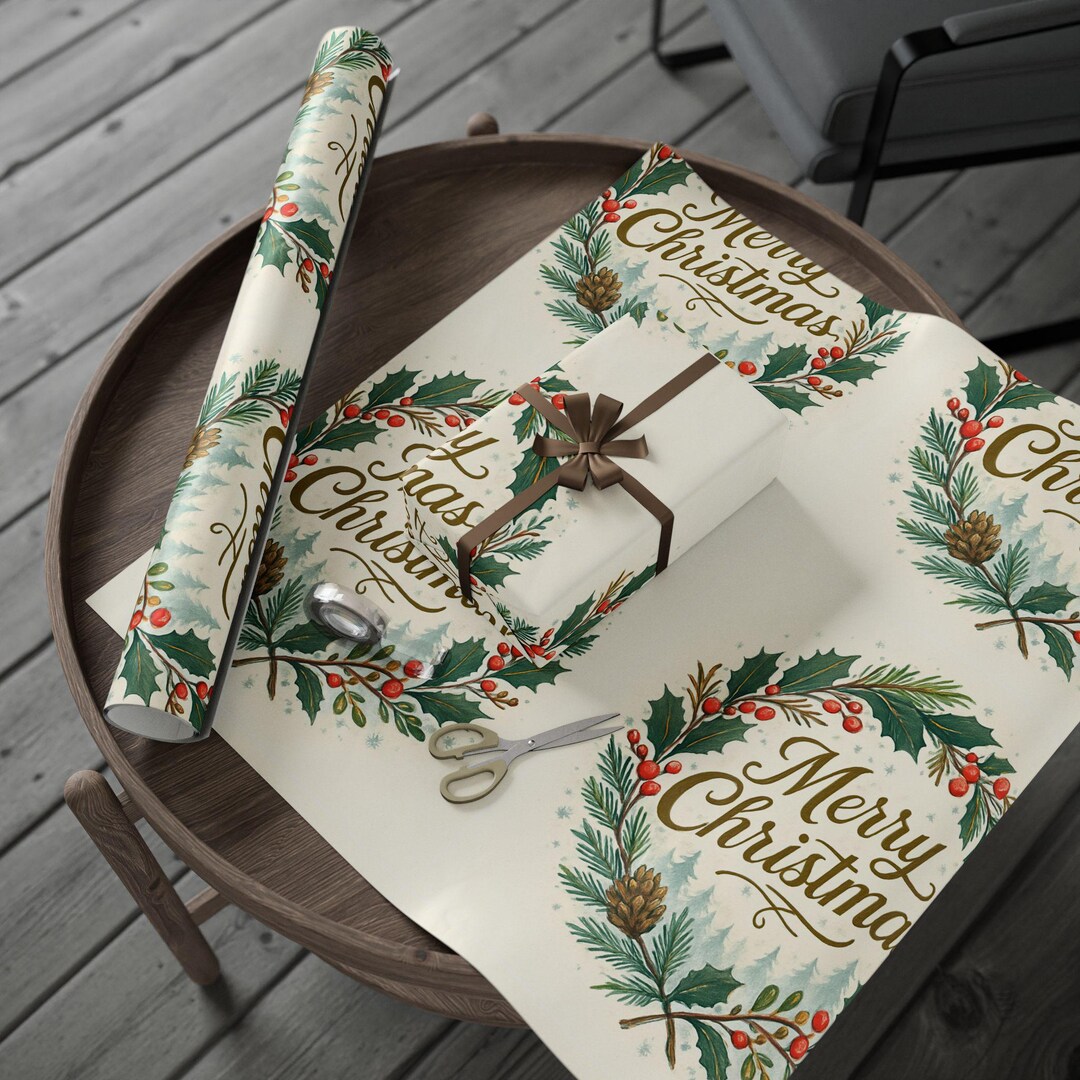 Merry Christmas Wreath Wrapping Papers | Classic Holiday Holly Pattern ...
