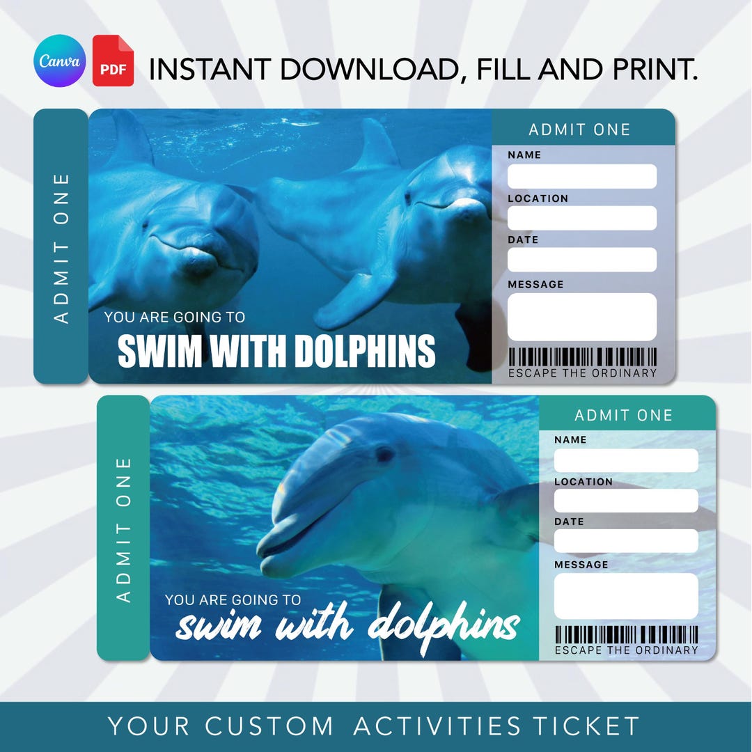 Editable Swim With DOLPHINS Surprise Ticket︱printable Dolphin Swim ...