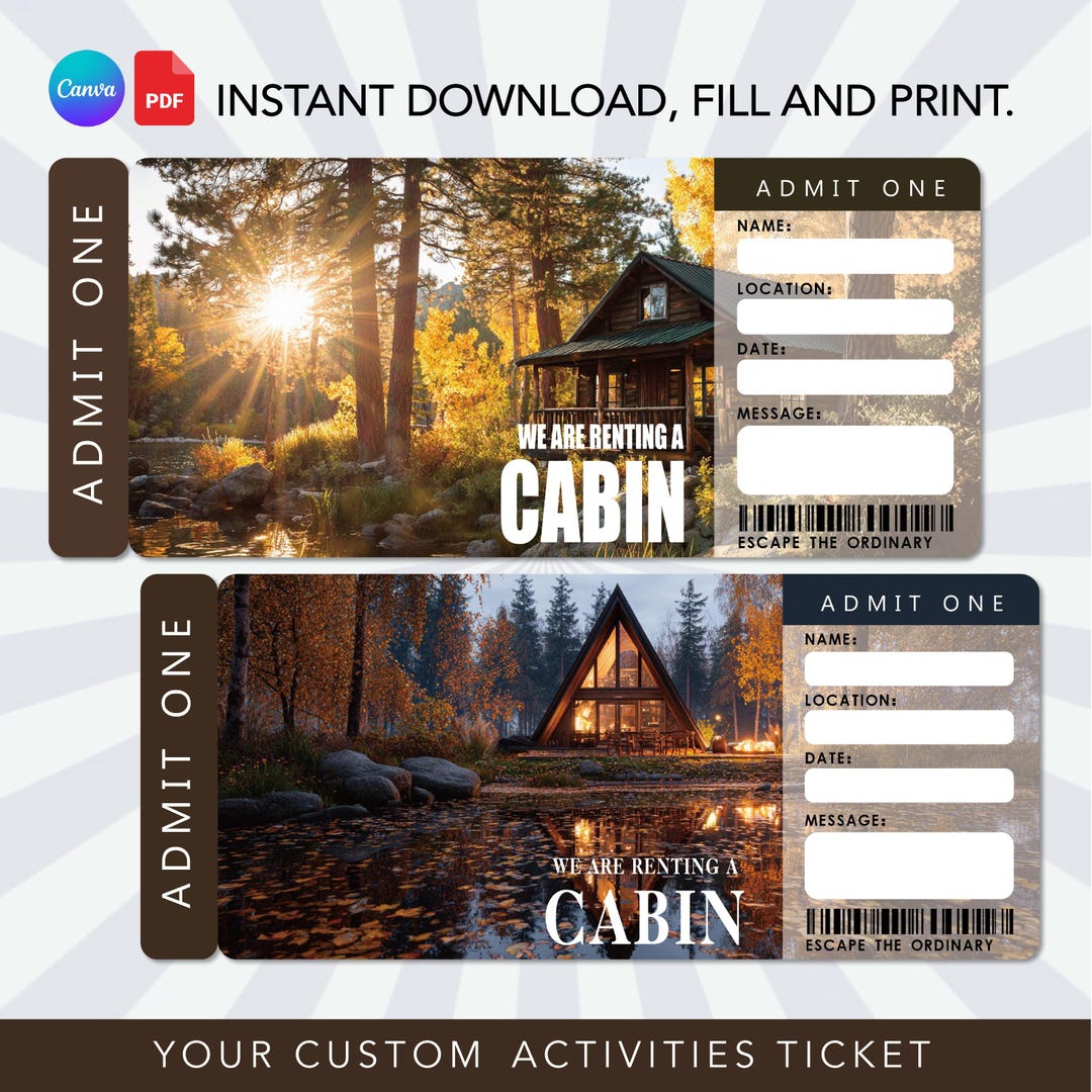 Editable Cabin Rental Ticket Template | Printable Cabin Getaway Voucher ...