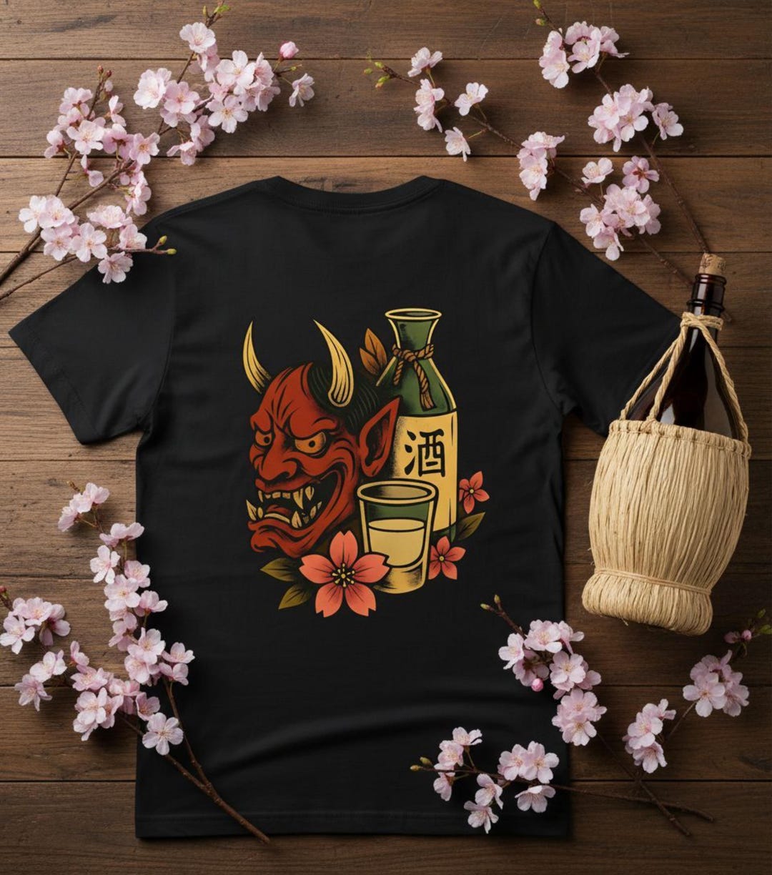 Neo Japanese Oni Sake T-shirt | Japanese Demon Mask Tee | Tattoo Style ...