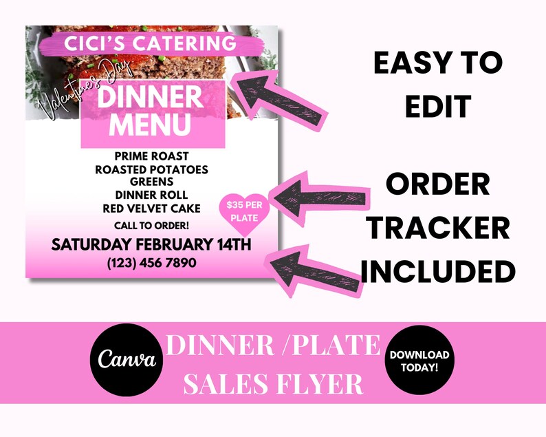 Valentine’s Day Dinner Flyer Template | Editable Canva Catering Menu ...