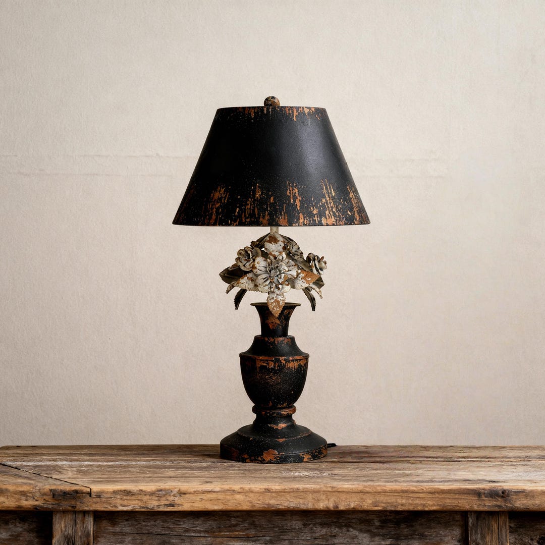 Vintage French Country Table Lamp: Black Distressed Floral, Rustic ...