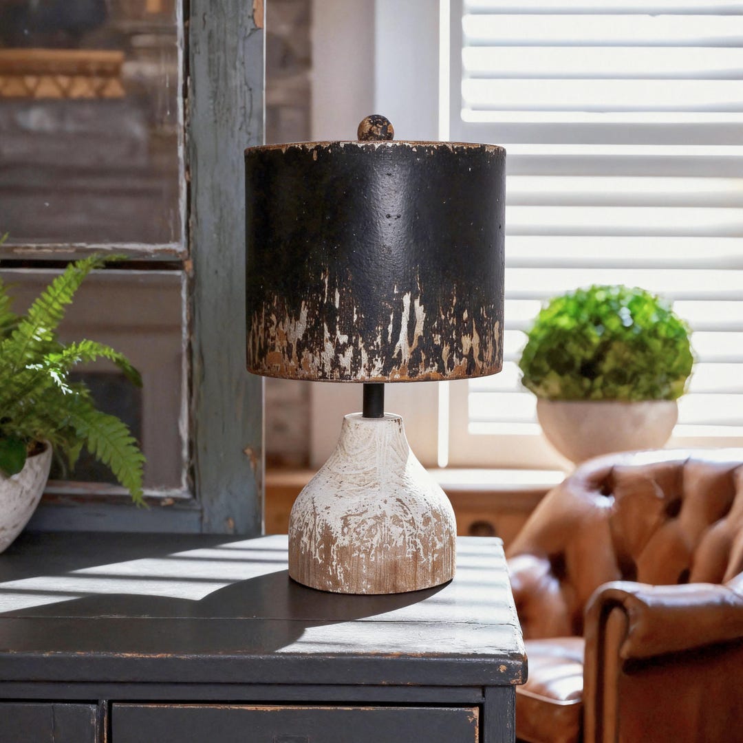 Rustic French Country Table Lamp: Distressed Black Shade, Aged White ...