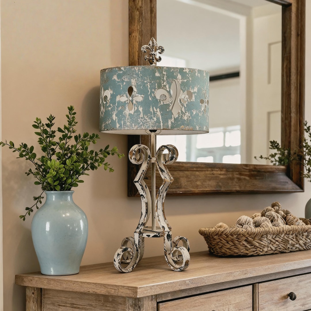 Vintage French Country Table Lamp With Distressed Metal Base - Etsy