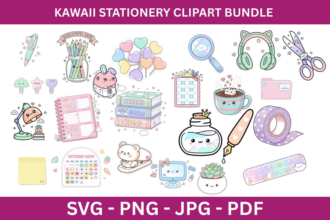 Kawaii Stationery Clipart Bundle | Pastel Desk Art (digital Download ...