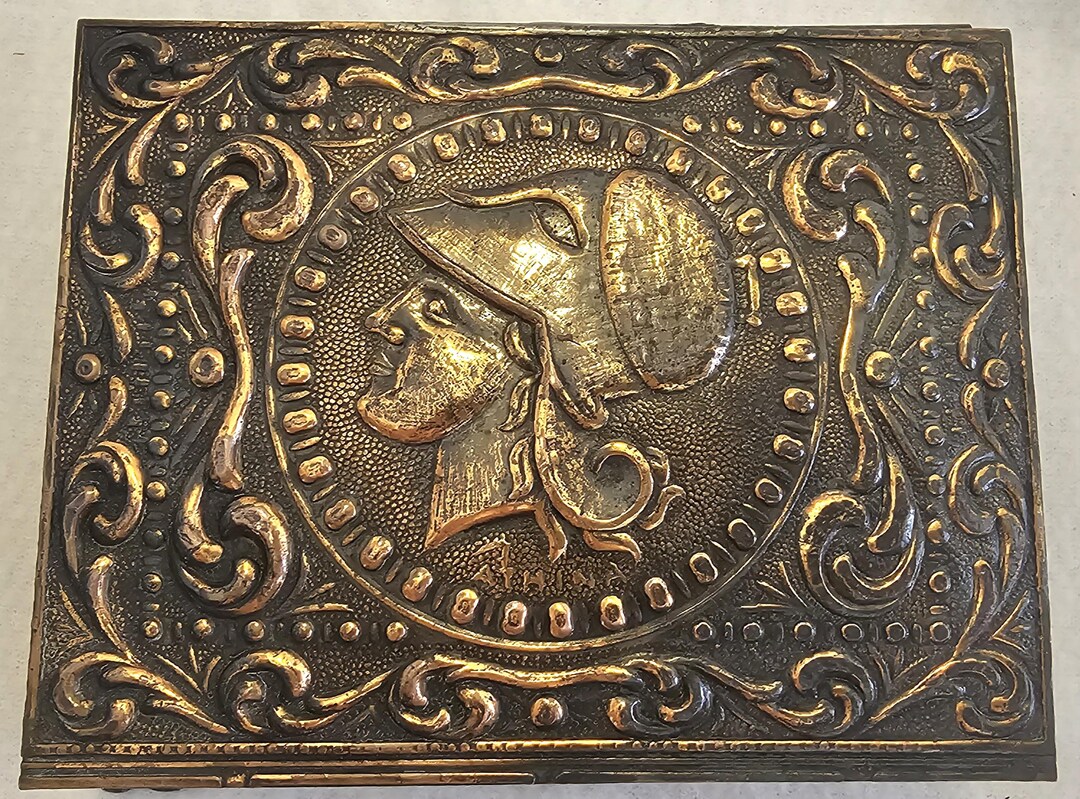 Antique ATHINA Bronze Jewelry Box With Greek Warrior With Mirror on ...